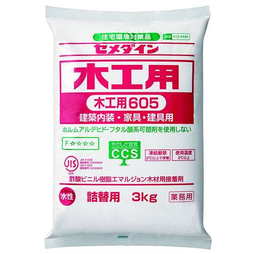 【用途】木工事・造作工事用の水性接着剤。【機能・特徴】木工用の詰替え用です。500g、750g容器に詰め替えてご使用ください。【仕様】●内容量：3kg。●色：乾燥後透明。●ホルムアルデヒド放散等級区分：Fフォースター(JIS)。●4VOC基...
