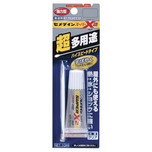 【用途】金属、プラスチック、ゴム、石、木、紙、皮革などの接着。【機能・特徴】驚きの接着スピードを実現しました。手早く作業が出来、すばやくつけたい小物の接着用途には最適です。はみ出しても目立ちにくいクリアです。【仕様】●内容量：10mL。●色...