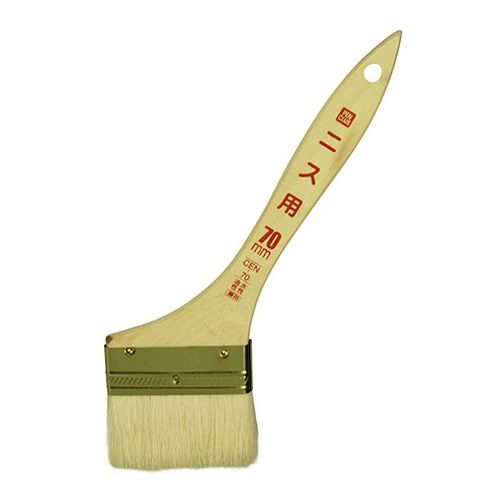 【用途】塗装作業用ハケ。【機能・特徴】毛材をハンドル(柄)に巻き金で、接着剤と釘で固定しています。毛量が比較的少ないので、小さな面積を塗る場合やビギナーには使い易いハケです。【仕様】●サイズ：70mm。●ニス用。●金巻式。【材質】●毛材：山...