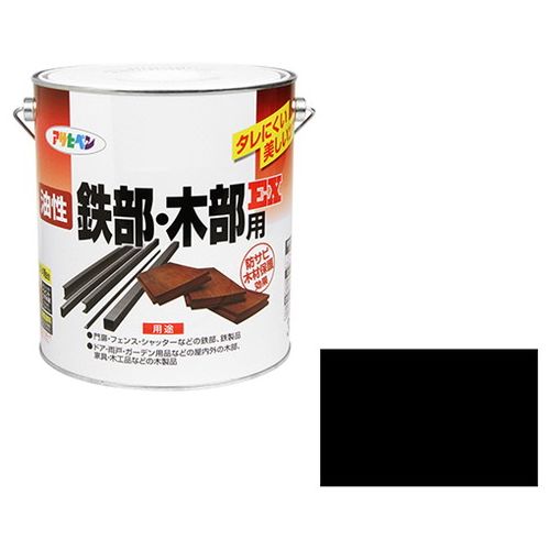【用途】屋内外の鉄製品・木製品への塗装。【機能・特徴】サビドメを配合していますので、サビの発生を防ぎます。日光や雨に強く、美しいツヤのある合成樹脂調合ペイントです。鉛・クロム化合物は使用していません。【仕様】●容量：3L。●色：黒。●標準塗...