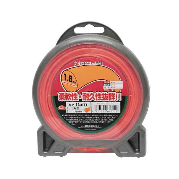 【商品特長】【用途】刈払機用ナイロンコード。【機能・特徴】草刈用ナイロンコード。小石の多いところ・フェンス、塀の際・雑草、植木の周囲での作業に。【仕様】●丸型。●直径：1．6mm。●長さ：15m。【商品サイズ】幅125×高さ145×奥行15...