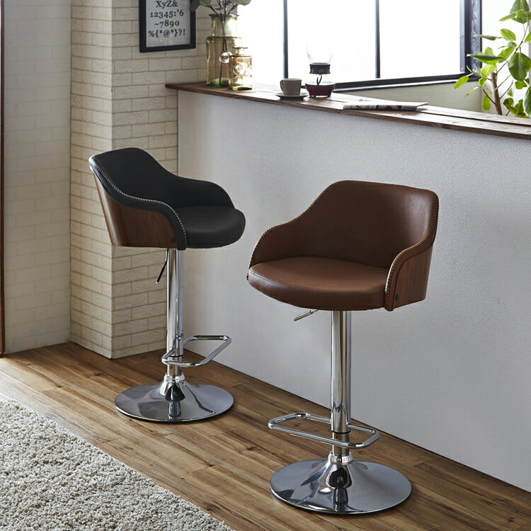 サイズ：幅48.5 奥48 高84-106（cm）表面材：PUフレーム：ウォールナット突板（成型合板）脚：スチール色：グレー、ライトブラウン生産国：中国・背もたれ部分と座面の丸みが特徴的です。・ミッドセンチュリー期のデザインを彷彿させるデザ...