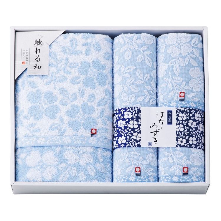 『はなみずき』の花言葉は返礼。愛らしい花柄に感謝の想いを託しました。【セット内容】バスタオル×1・フェイスタオル×1・ウォッシュタオル×2【商品サイズ】ウォッシュタオル340mm×350mm・フェイスタオル340mm×800mm・バスタオル...