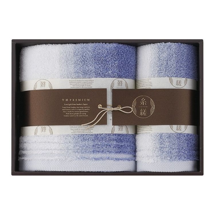 糸縒 シェード バスタオル＆フェイスタオル ブルー 22709-48080-305【商品説明】心を込めて糸を丁寧に縒る、そしてタオルを作る。『気持ちを合わせる＝縒る』という思いを込めて、タオル産地・今治から贈るギフトです。 世界で初めての撚...