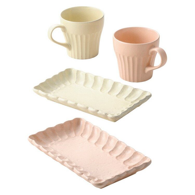 素朴な色合いとシンプルな形状で和洋問わずに使えます。マグ（径9×8.5cm）・長角皿（13×21×2.3cm）×各2磁器電子レンジOK 【代引きについて】こちらの商品は、代引きでの出荷は受け付けておりません。【送料について】北海道、沖縄、離...