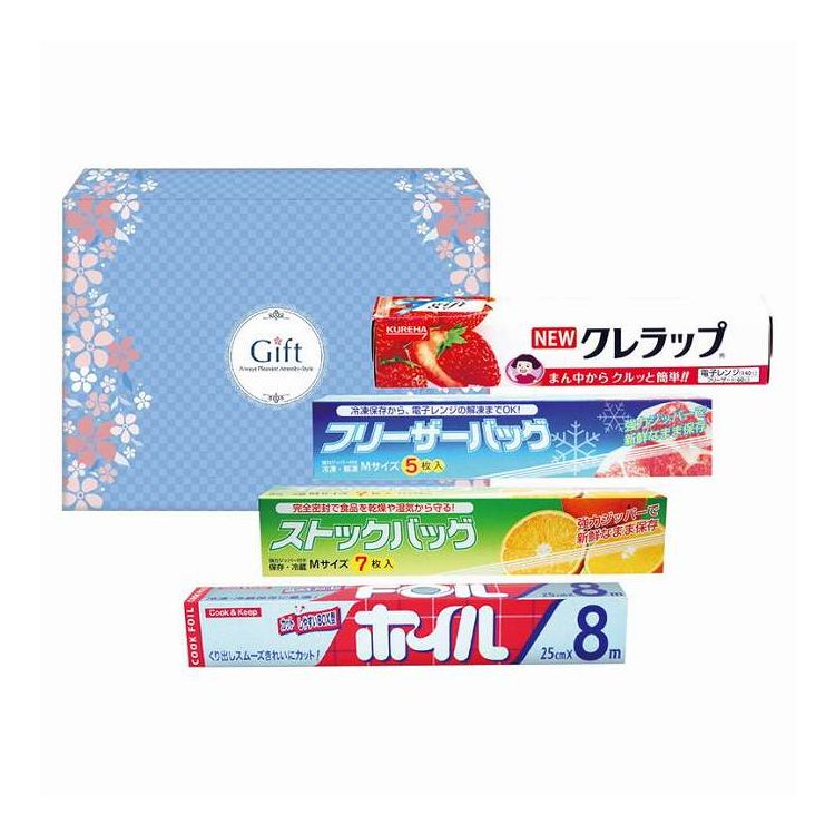 毎日使えて非常用ストックにも必須のラップやホイルに保存バッグの詰め合わせ【セット内容】セット内容/クレラップ（22cm×10m）・アルミホイル（25cm×8m）・ストックバッグM7枚・フリーザーバッグM5枚×各1サイズ：-重量/容量：-箱サ...