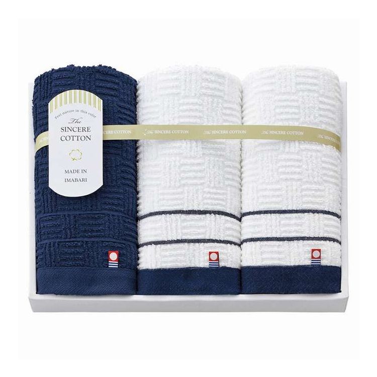 ネイビーとホワイトのコントラストが美しい品格あふれるギフトセット。ノーブルな紺色と白色のコントラストが美しい、高級感のあるタオルです。フォーマルでも映えるシックでモダンなデザインが自慢です。日本製【セット内容】-サイズ：34×75cm重量/...