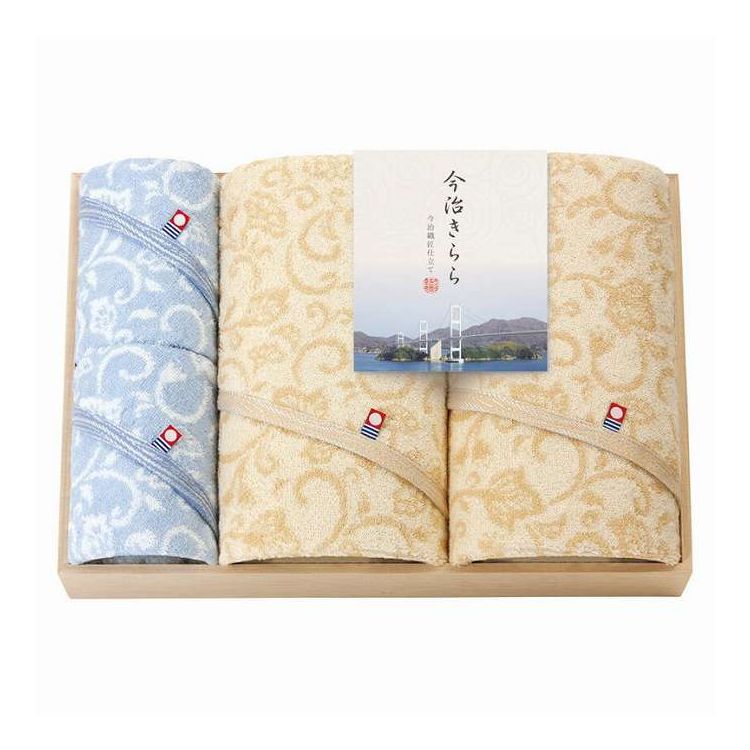 着物のように上品で自然を感じる色彩で織り上げた情緒あふれる和更紗模様百二十年の歴史と受け継がれる職人技が光る情緒溢れる今治タオルを高級感漂う木箱に丁寧に詰め合わせた、特別な贈り物日本製【セット内容】-サイズ：バスタオル:60×115cm、ハ...