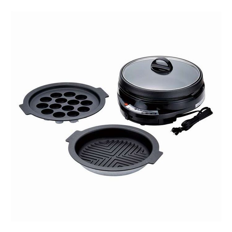日本製★コードの長さ:1.4m★消費電力:1050W【セット内容】セット内容/本体（28×31.5×17cm）・プレート（焼肉・たこ焼き）・ガラス蓋×各1サイズ：-重量/容量：-箱サイズ：32×29.5×18cm材質：本体:ポリプロピレン、...