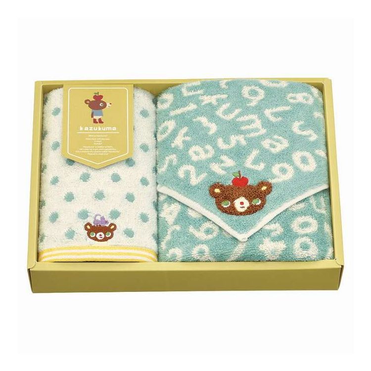 もこもこ刺繍がかわいい!かずくまのPOPな世界を詰め込んだキュートなギフトです。【セット内容】-サイズ：フェイスタオル:約34×75cm、ウォッシュタオル:約34×34cm重量/容量：0.3kg箱サイズ：22×30×5cm材質：綿100%【...
