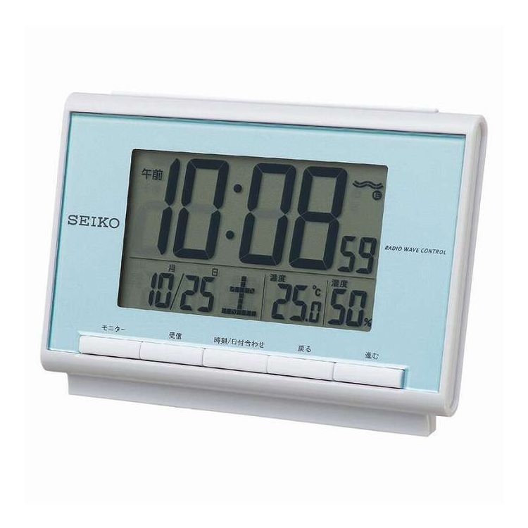 スタンダードな電波デジタル目覚まし時計。前面の操作ボタンで使いやすさも抜群です。電波修正機能（OFF機能つき）電子音アラームスヌーズつきライトつきフルオートカレンダー機能温湿度表示★単3乾電池2本付【セット内容】-サイズ：8.5×12×4....