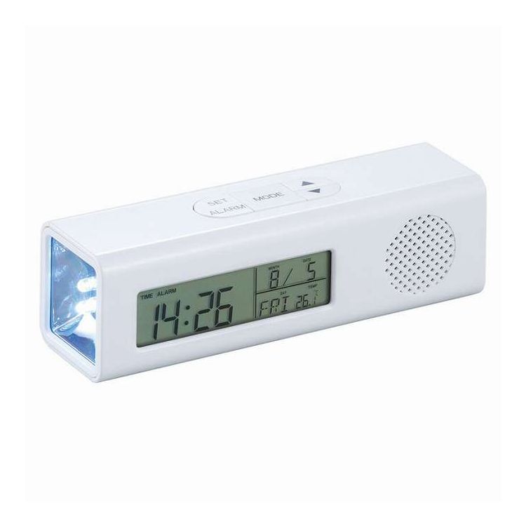 枕元にあると安心、時計もついた多機能ラジオライト。アウトドアにも防災にも役立つ多機能FMラジオライトです。ワイドFM対応なので、AMも聴けます。懐中ライトも付いてます。機能:LEDライト、FMラジオ（ワイドFM対応）、時計、アラーム、スヌー...