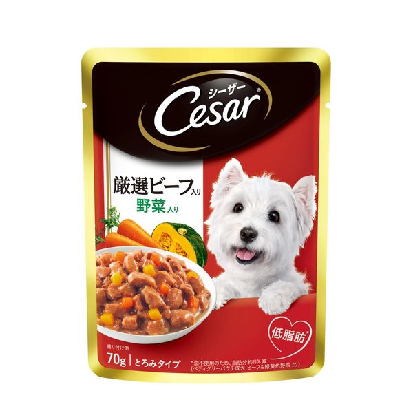 【商品詳細】シーザーパウチから待望の新バラエティ登場上質なビーフをじっくり煮込んでヘルシー※に仕上げました。厳選されたささみに野菜を加えて、丁寧に調理し、素材のおいしさをそのまま閉じ込めました。※油不使用のため、脂肪分約11%減(ペディグリ...