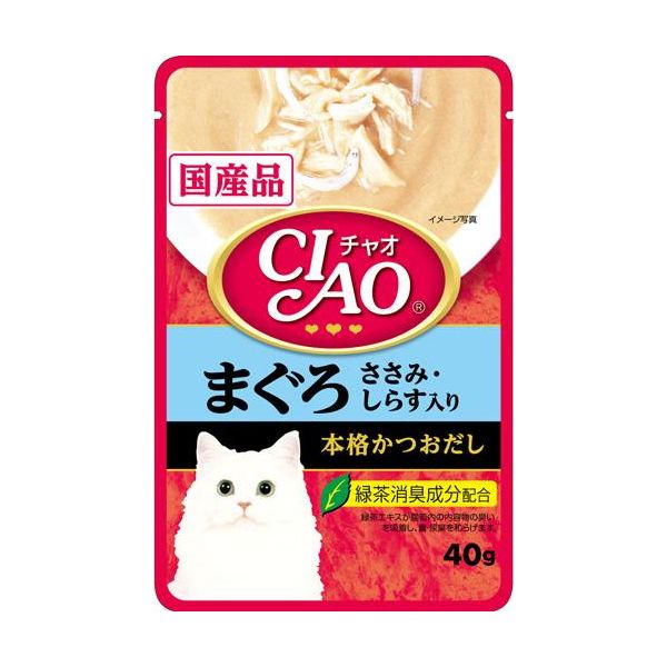 【商品詳細】素材を細かくペースト状にし、愛猫の喜ぶ素材をトッピング。いつもの食事にもおやつにも最適で、便利な使い切りサイズ。【分類】猫用パウチ【原材料】鶏肉、まぐろ、しらす、かつお節エキス、糖類（オリゴ糖等）、植物性油脂、増粘剤（加工でん粉...