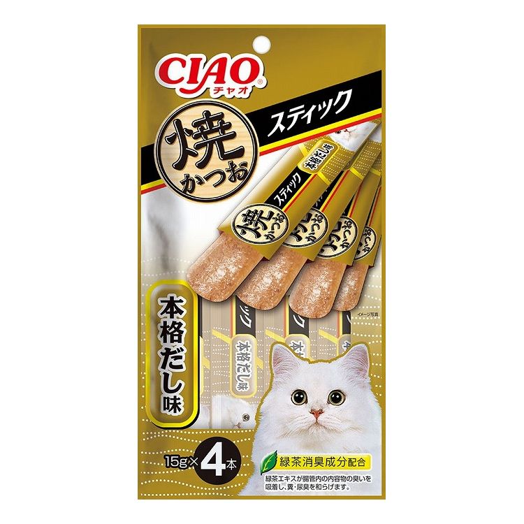 【商品説明】食べやすいスティック状おやつ！・焼いたかつおをゼリーでコーティングし、食べやすいようスティック状にしました。・緑茶消臭成分配合で腸管内の内容物の臭いを吸着し、糞・尿臭を和らげます。・食べきりやすい15g×4本●原材料(成分)かつ...