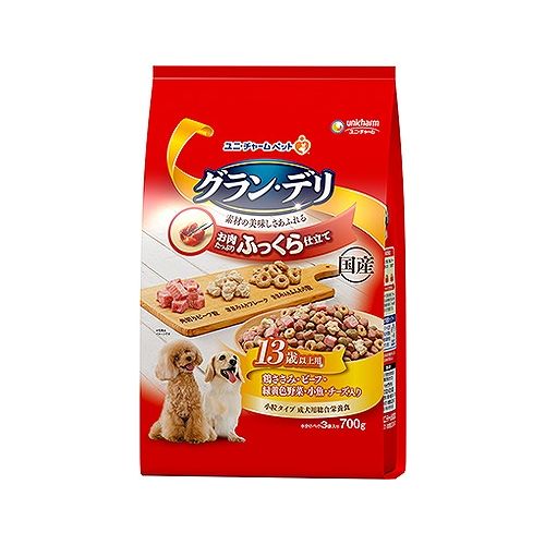 【商品説明】国産のお肉たっぷり、美味しいふっくら仕立てのグルメフード角切りビーフ粒もちふわ粒ささみ入り大豆フレーク入り13歳以上の愛犬の腰関節の健康維持のために、グルコサミンコンドロイチンを配合栄●原材料(アレルギー表記含む)穀類（小麦粉、...