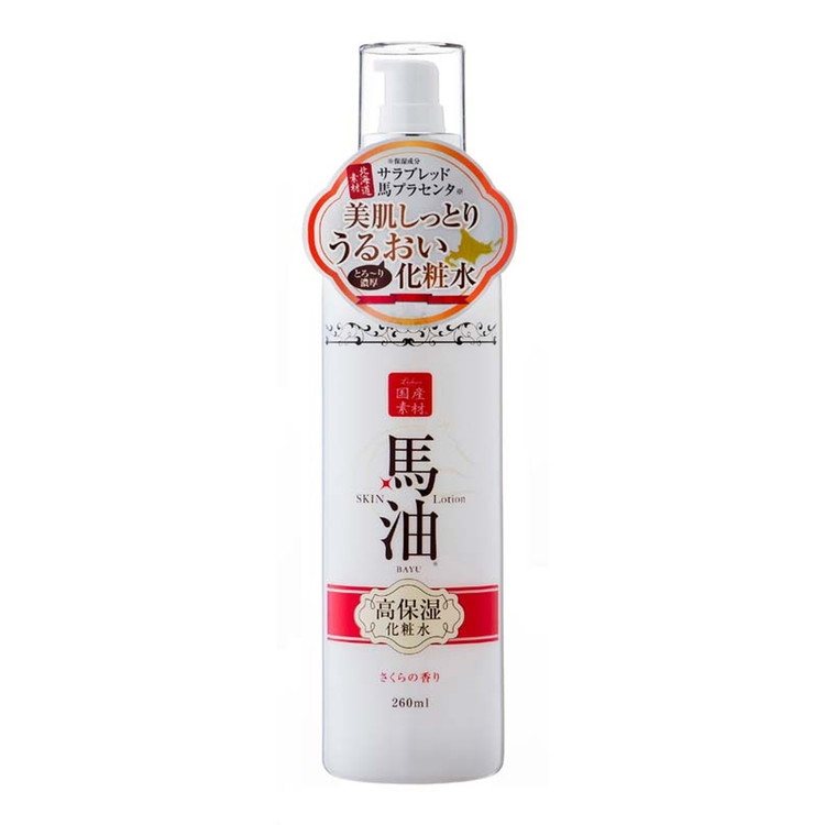【商品説明文】馬油＆プラセンタ配合化粧水で一日中しっとりします。商品区分:化粧品全成分:水、グリセリン、BG、馬油、プラセンタエキス（ウマ）、ヒアルロン酸Na、キサンタンガム、（スチレン、アクリレーツ）コポリマー、DPG、PEG−60水添ヒ...