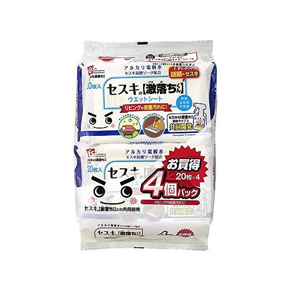 セスキの激落ちくん（液体タイプ）との共同開発。アルカリ電解水とセスキ炭酸ソーダを配合したウェットシート4個パックです。汚れをマイナスイオンが包み込んで浮かせて落とします。洗剤不使用で2度拭きいらず。お子様やペットのいるご家庭にも安心！用途:...