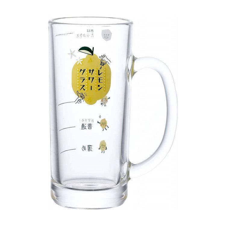 レモンのイラストロゴが入ったレモンサワー専用ジョッキ。美味しい濃さのレモンサワーを簡単に作れます。イラストと大きな文字で見やすく分かりやすい目安目盛つき。家庭用の食器洗い乾燥機で洗うことができます。日本製。傷が付きますと破損しやすくなります...