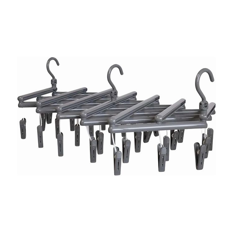 蛇腹式で伸縮するピンチ付き角ハンガー。洗濯物を干したり、取り込む際の作業に合わせて、また、干し場のスペースに応じて幅を調整しながら使用できる。使わない時は、縮めてコンパクトに収納できる。サイズ（約）幅83×奥行28×高さ22cm伸縮の幅（約...