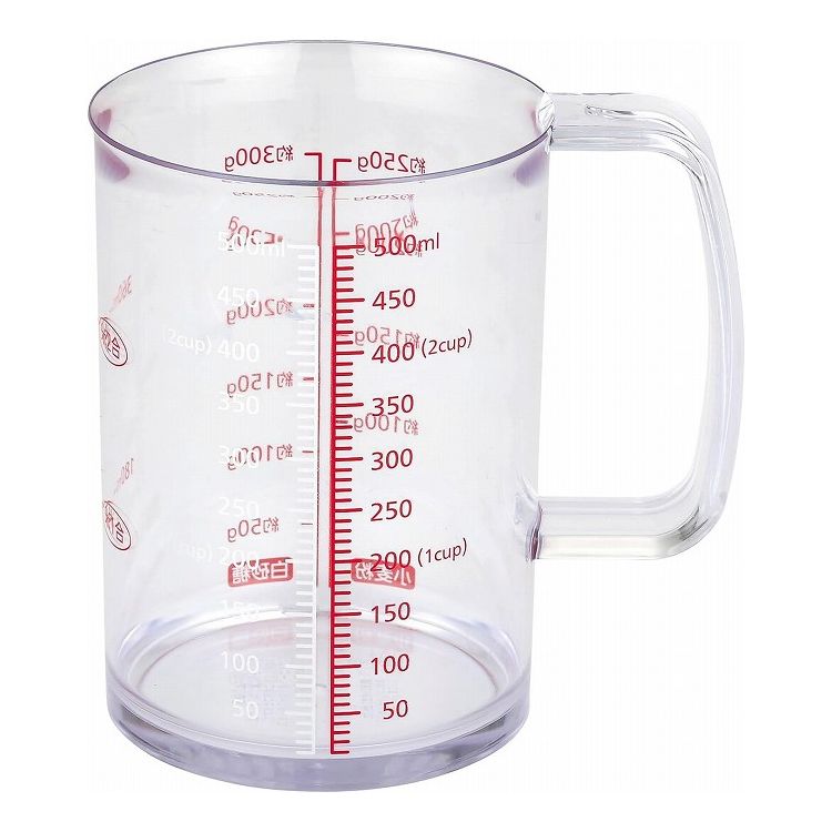 縁が外側に開いた形状で、どこから注いでも液だれしにくい計量カップ。500mlまでの目盛り付き。赤い目盛と、醤油なども測りやすい白い目盛付き。小麦粉・砂糖、お米用の目盛も付いている。食洗機対応。日本製。電子レンジでの加熱のし過ぎにご注意くださ...