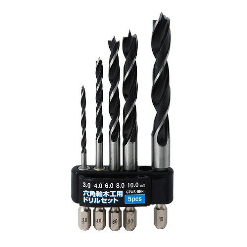 【商品詳細】おくる量だけ切り込む先端形状の為、止め穴に適している。安定した穴あけ作業ができます。セット内容(ドリル寸法×全長mm)：3.0×79・4.0×94・6.0×107・10.0×116各1本軸径：6.35mm用途：木板・合板の穴あけ...