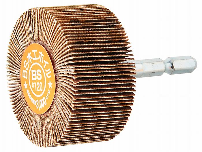 【商品詳細】用途：木材の磨き、ケバ取りサイズ：直径50×幅25×軸径6．3mm粒度：120最高使用回転数：3000rpm取付工具：ドリル・インパクトドライバー【送料について】北海道、沖縄、離島は送料を頂きます。