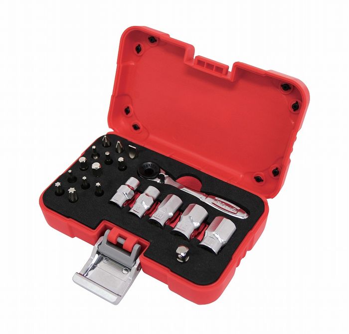 【商品詳細】日常で使用頻度の高い工具をコンパクトにセット。家庭からプロまで使える満足の内容。コンパクトな樹脂ケースにラチェット、ソケット、ビットの20アイテムを収納した充実のセット内容。ハンドル、ソケット7〜13mm、ビット（プラス・マイナ...