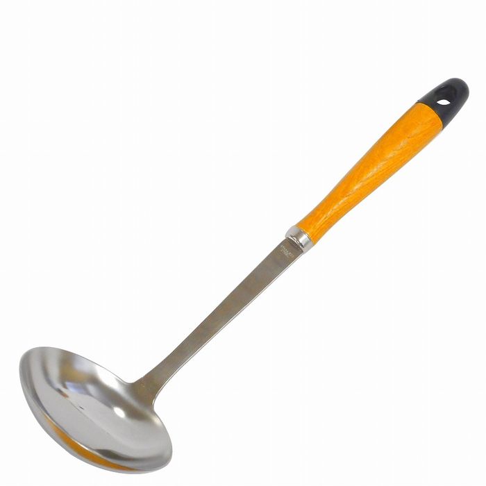 【商品詳細】手にやさしい木柄ハンドル全長:305mm皿部直径（約）:85mm耐熱温度:フック部80度注意:火に近づけたり、直接火に触れないようにしてください。鍋などに中に入れたままにしないで下さい。最初に使用する時や使用後は食器用洗剤をつけ...