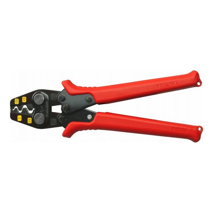 【商品特長】【製品サイズ(mm)】・長さ19・幅58・高さ177【生産国】日本【材質】頭部：機械構造用合金鋼、グリップ：エラストマ—樹脂【仕様】用途：裸圧着端子・裸圧着スリーブの圧着作業に適応サイズ：1.2523.55.5(m平方メートル)...