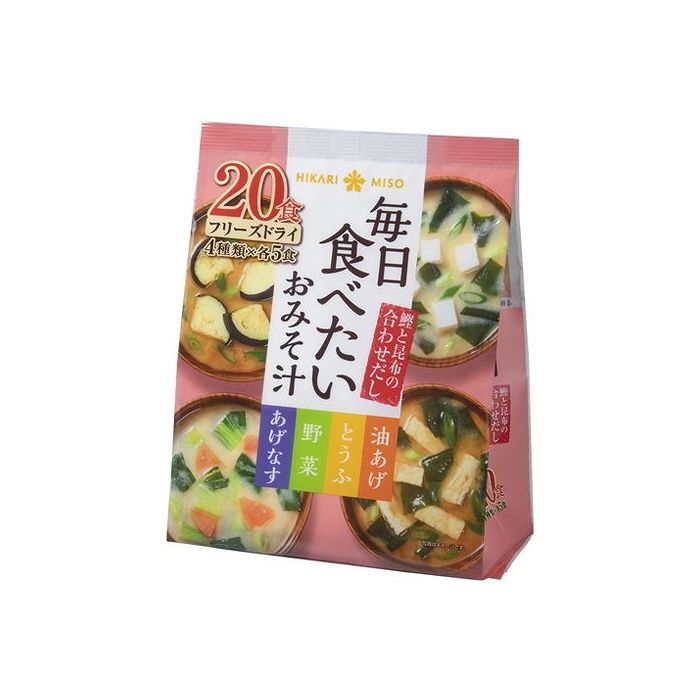 【商品説明】鰹と昆布の2種のだしを効かせたフリーズドライのみそ汁です。あげなす、野菜、とうふ、油あげの4種類の味をアソートパックにしました。あげなすと油あげは、うま味のある赤系の味を使用し、コクのある味わいに仕上げました。野菜ととうふは、す...