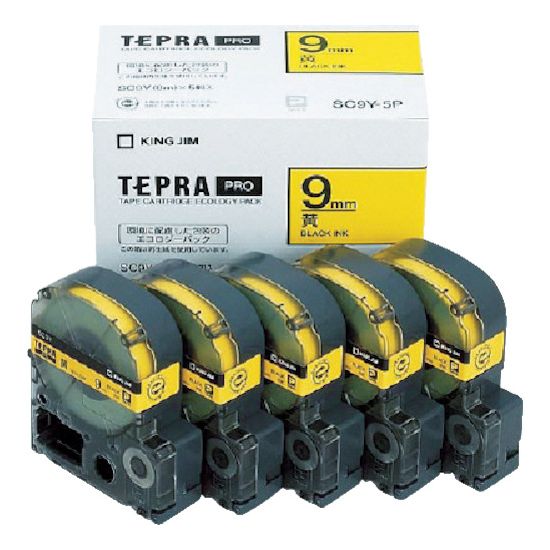 【商品詳細】●環境に優しいエコパックです。包装材を減らし、廃棄物を削減しました。●5個入りパック●テープのまとめ買いに。●テープ幅(mm)：9●テープ色：黄●テープ長さ(m)：8●文字色：黒●文字色：黒●5個入り●黒文字●テープ:PET●ケ...