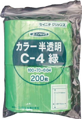 【メーカー型番】C-4-CG【JANコード】4909767112642【ブランド】セイニチ【特徴】●スタンダードなフィルム厚0.04mmのチャック付ポリエチレン袋です。【用途】●部品等の保管、管理。【仕様】●色:半透明グリーン●縦(mm):...