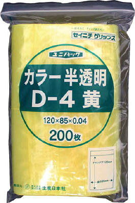 【メーカー型番】D-4-CY【JANコード】4909767112741【ブランド】セイニチ【特徴】●スタンダードなフィルム厚0.04mmのチャック付ポリエチレン袋です。【用途】●部品等の保管、管理。【仕様】●色:半透明イエロー●縦(mm):...