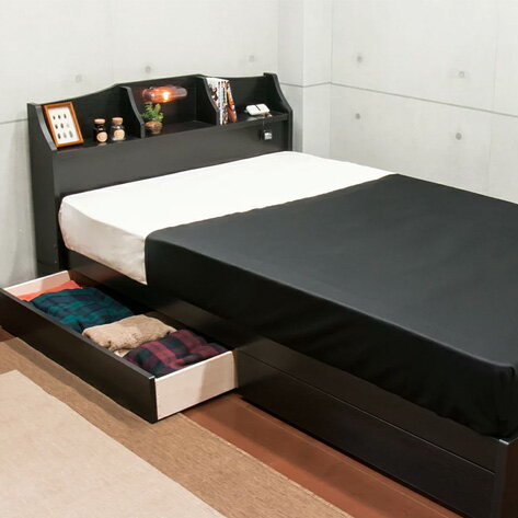 ■商品説明棚　照明　コンセント　引き出し付き　デザインベッド セミダブル 二つ折りボンネルコイルスプリングマットレス付■フレーム寸法/W約120×L215×H77cmMH約42cm■引出し内寸/大:W約96×D約40×H約10cm、小:W約...