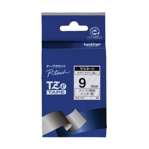 【商品型番】　TZe-121　【商品説明】　◆ピータッチ用・ラミネートテープ 透明/黒文字◆透明フィルムが表面を保護し、こすっても水にぬれても文字が消えません。■仕　様　■テープ長：8mラミネートテープ 透明/黒文字テープ幅：9mm