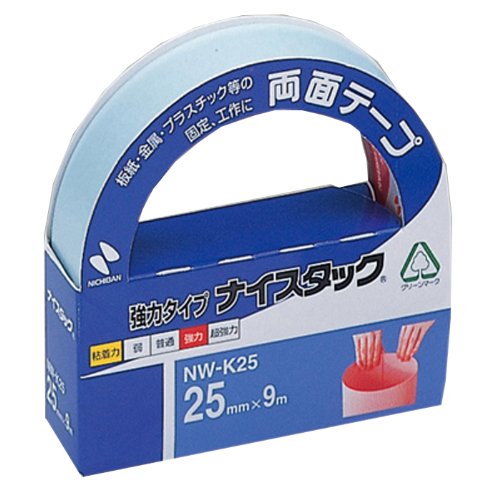 【商品型番】　NW-K25　【商品説明】　通常のナイスタックより強力タイプの両面テープ！しっかり貼りたい時にお使いいただけます。カッター付でそのまま作業可能です。【特長】・強力タイプのナイスタック両面テープです。・紙だけでなく、金属やプラス...