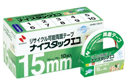 【商品型番】　NWBB-15ECO　【商品説明】　●テープ寸法／幅15mm×長さ20m●材質／基材：古紙パルプ配合、粘着剤：離解性粘着剤（アクリル系）●単位／1箱（10巻入）●メーカー品番／NWBB-15ECO