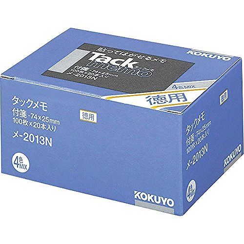コクヨ タックメモ徳用フセンサイス メ-2013JANコード：4901480192505【寸法】 25×74×10mm【種類】 レギュラーサイズ(4色ミックス)【枚数】 100枚×20本入り【紙質】 色特殊紙コクヨの定番！貼ってはがせるメモ...