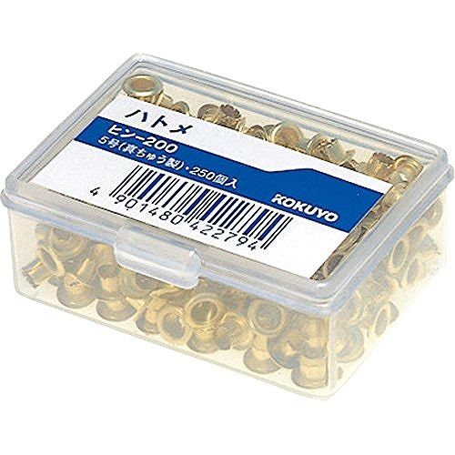 コクヨ ハトメ ヒン-200JANコード：4901480422794【ケース寸法】 43×63×25mm【ハトメ穴径】 4.5mm【ハトメ規格】 5号【入り数】 250個【ハトメ材質】 真ちゅうハトメ用真ちゅうです。●足径:4.5mm●材質...