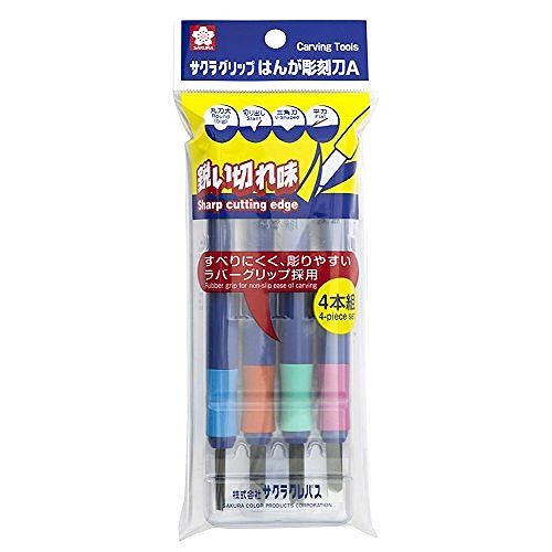 サクラ はんが彫刻刀A 4本 EHT-4AJANコード：4901881827846【特長1】ラバーグリップ採用ですべりにくく、手にジャストフィット【特長2】良質の鋼材使用の刃:全体に焼き入れをしており鋭い切れ味で掘りやすく強靭で曲がりにくい...