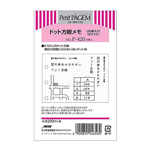 日本能率協会ドット方眼メモ（30枚入り）ミニ6サイズJANコード：4900855246560自由度が高く、発想が広がる方眼メモ生産国：日本人気の方眼メモに新しいタイプが登場。文字だけではなく図や表を書きやすいドット方眼のため、枠にとらわれな...