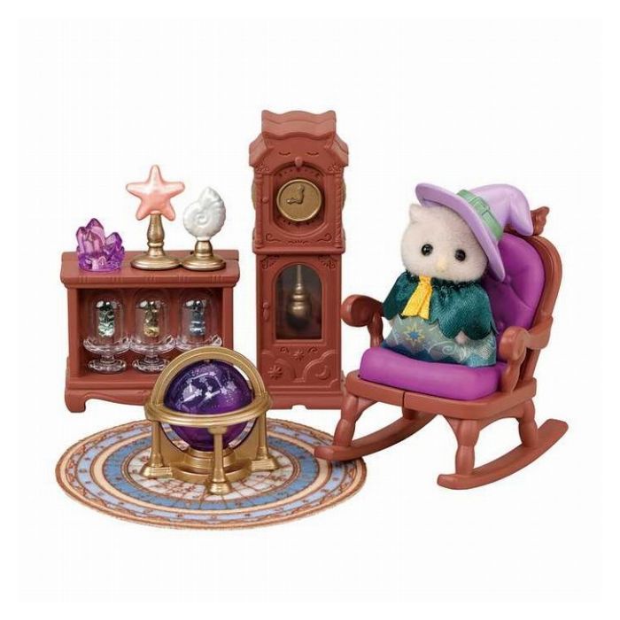 ●集めて、飾って。お部屋にシルバニアファミリーの世界が広がるコレクション。フクロウの赤ちゃんとフクロウモチーフの家具のセットです。●ロッキングチェアと時計、標本棚、天球儀、星のマットが付いています。●標本棚の鉱石は光って見えます。時計は針と...
