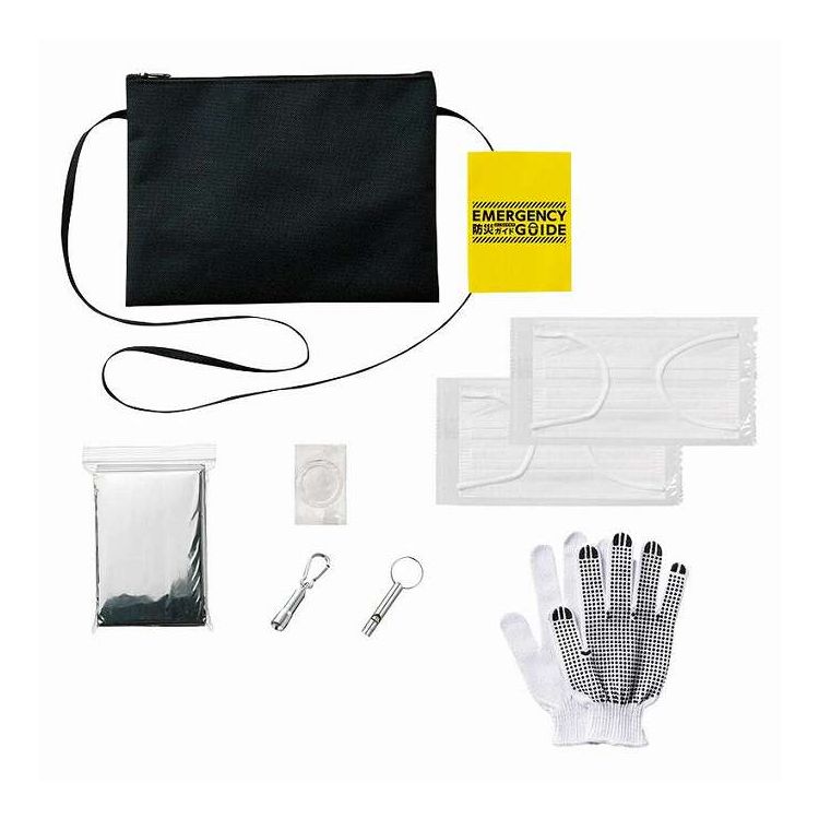 【商品詳細】災害時に必要な防災グッズを肩掛けできるサコッシュに入れたセットです。内容:サコッシュ（約260×200mm）・カラビナLEDライト・ホイッスル・アルミシート・軍手・圧縮タオル・防災ガイド×各1、マスク×2原産国:中国【代引きにつ...