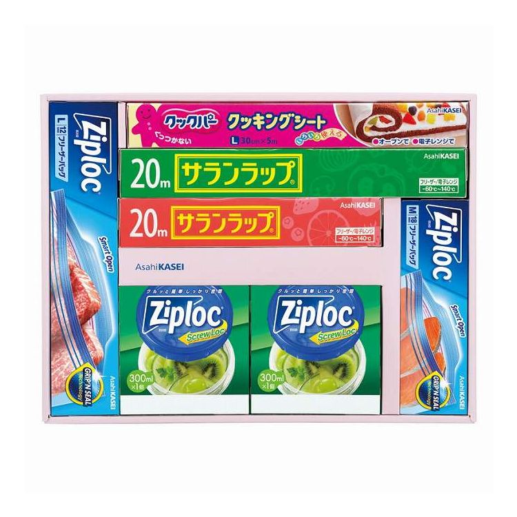 【商品詳細】サランラップやジップロックなどハイクオリティーのキッチン用品を詰合せたギフトです。内容:サランラップ（約30cm×20m）・サランラップ（約22cm×20m）・ジップロックフリーザーバッグ（M18枚入）・ジップロックフリーザーバ...