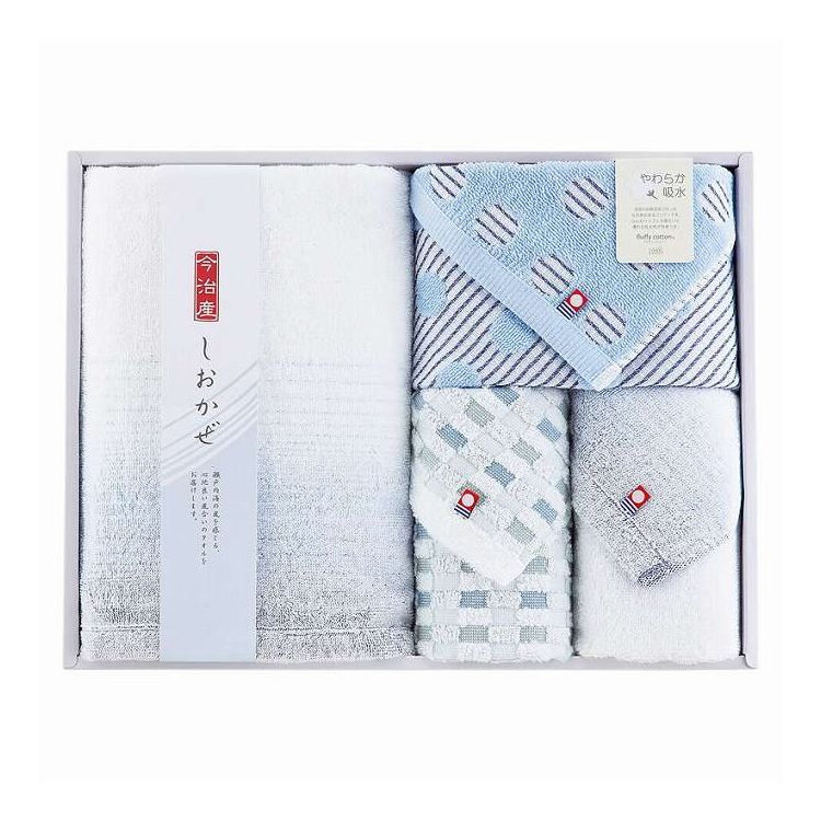 【商品詳細】その名の通り、瀬戸内を吹き抜けるしおかぜのような、涼やかなデザインの今治タオルギフトです。内容:バスタオル（約600×1200mm）・ウォッシュタオル（約340×350mm）×各1、フェイスタオル（約340×750mm）×2原産...