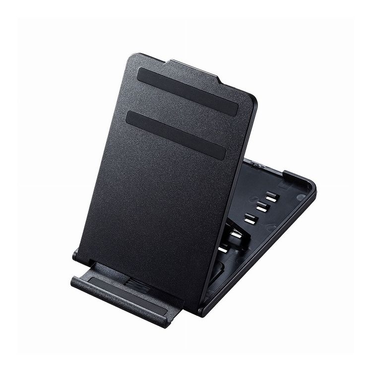 【商品特長】折りたためば厚さわずか7.5mmの薄型サイズで5段階に角度調節ができるモバイルスタンド。ブラック。●折りたためば厚さわずか7.5mmの薄型サイズのスマートフォン、タブレットスタンドです。●凹凸の少ないフラットなデザインは、カバン...