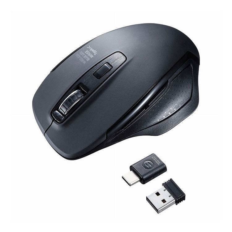 【商品特長】USBType-C・Aレシーバーを2個搭載した5ボタンワイヤレスブルーLEDマウス。ブラック。●USBA、Type-Cの2個のレシーバーがついたワイヤレスマウスです。●2つのパソコンを切り替えて使える便利なマウスです。※同時に使...