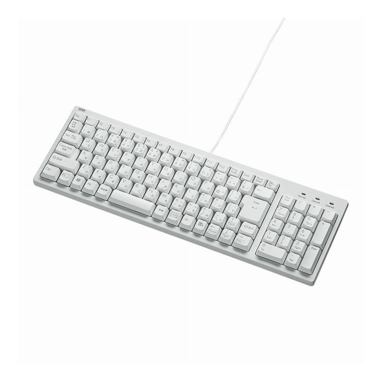 【商品特長】キーボードを立てることが可能で、机の上を有効活用できるコンパクトフルキーボード。ホワイト。●幅400mm以下のコンパクトサイズでありながら、テンキー付きのフルキーボードです。●キーピッチはスタンダードキーボードと同じ19mmキー...