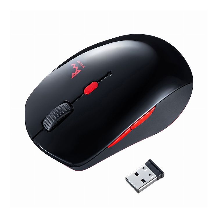 【商品特長】テレワークに最適な静音5ボタンBluetooth＋2.4GHzワイヤレスブルーLEDマウス。ブラック×レッド。●パソコン、タブレットなどいろいろ接続できるBluetoothと2.4GHz対応のコンボマウスです。※同時に使用するこ...